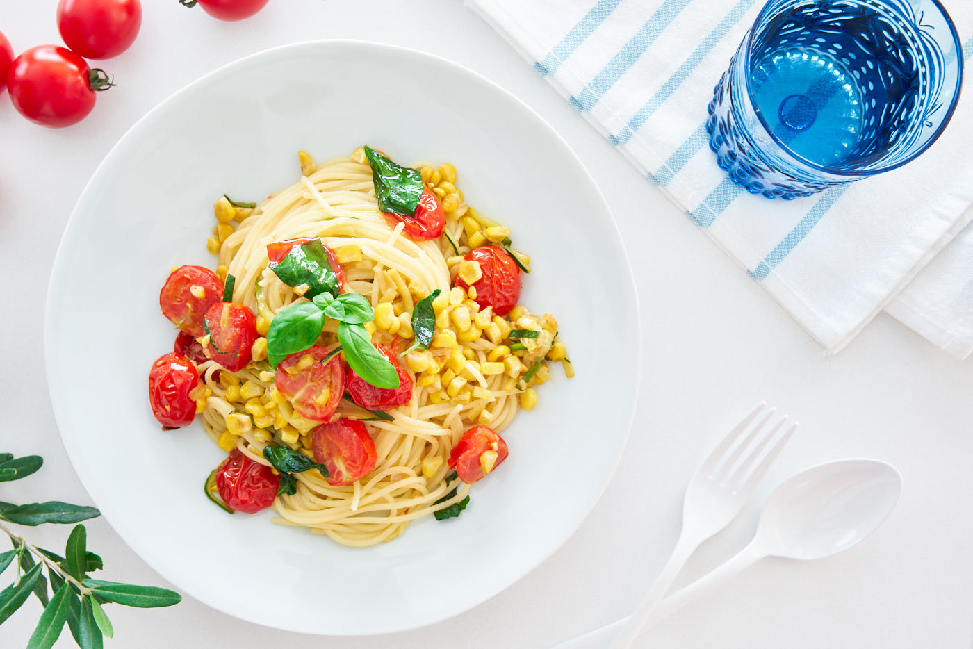 Pasta Estate (Summer Pasta Recipe) with corn, tomatoes and zucchini