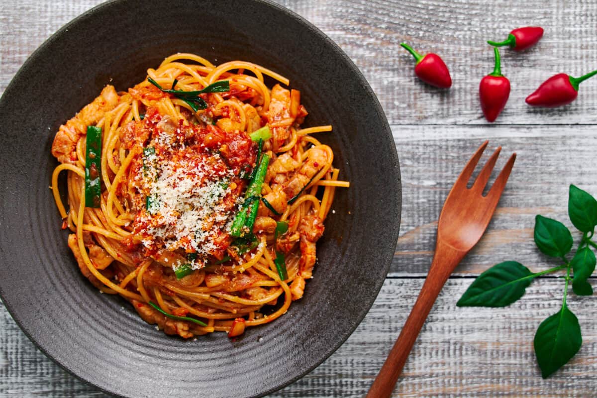 Spicy Kimchi Pasta with Pork Belly - Korean Spaghetti