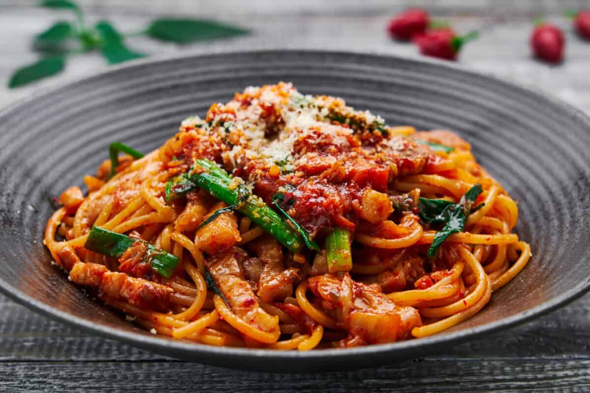 Spicy Kimchi Pasta with Pork Belly - Korean Spaghetti