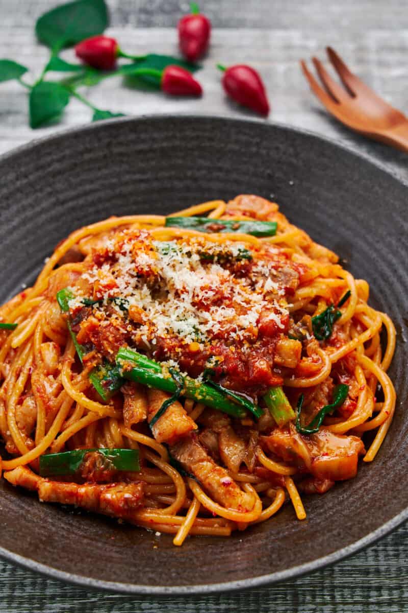 Spicy Kimchi Pasta with Pork Belly - Korean Spaghetti