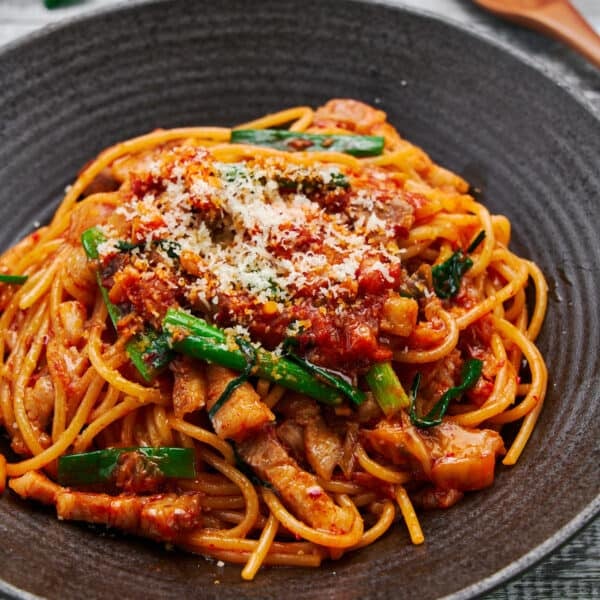 Spicy Kimchi Pasta with Pork Belly - Korean Spaghetti